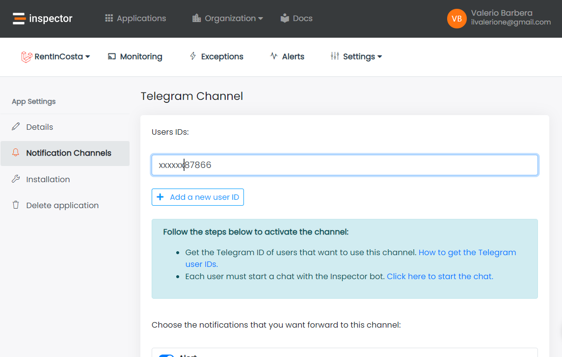 Telegram notification channel - Inspector